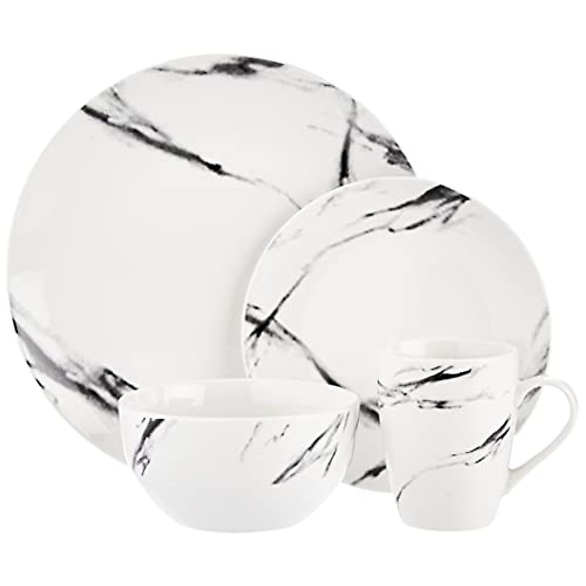 American Atelier Marble Black Coup Casual Round Porcelain Dinnerware Set-16 Piece Party Collection w/ 4 Dinner Salad Plates, 4 Bowls & 4 Mugs, 10.5", White
