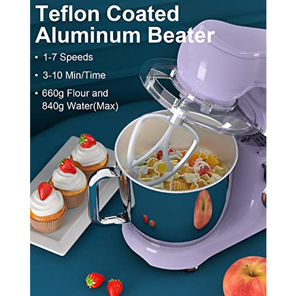 Mini Angel Electric Stand Mixer, 5.5 Quarts, Dough Hook, Flat Beater, Wire Whisk Attachments, 10+P Speeds with Splash Guard, Lavender with DIY STICKERS