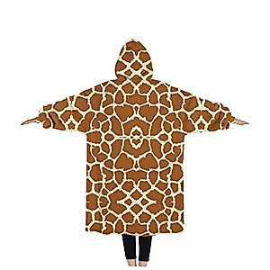 Oversized Wearable Blanket Hoodie Sweatshirt Brown Giraffe Skin Fluffy Flannel Blanket Sweater with Giant Pocket for Women, Adult, Girls, Friend