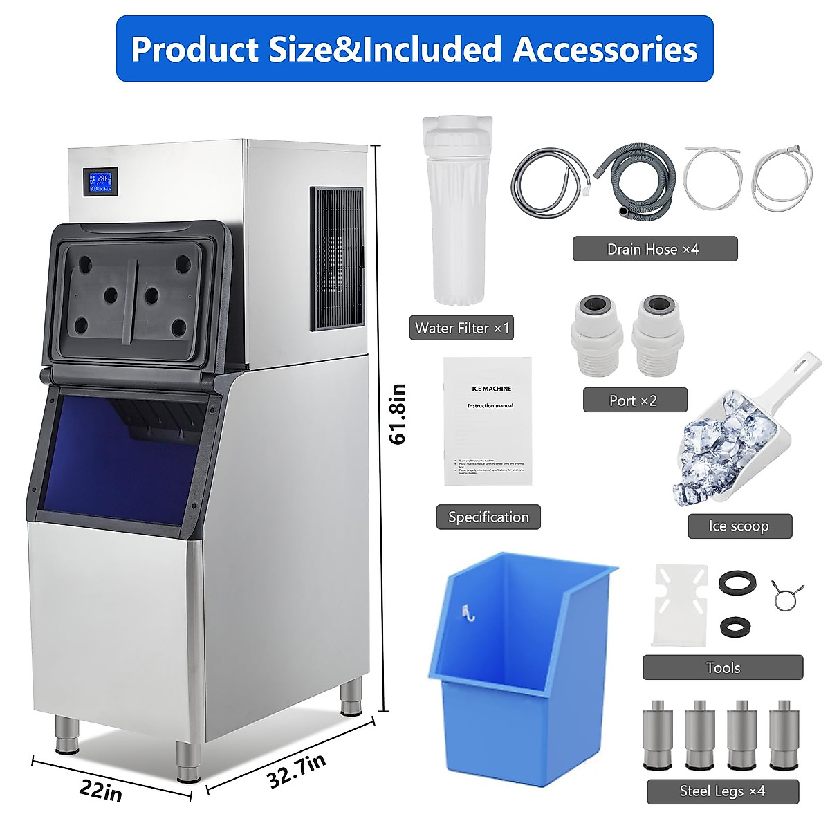 Commercial Ice Maker 350Lbs/24H, 1000W Stainless Steel Ice Machine with 310Lbs Ice Storage Bin, Free-Standing Ice Maker with LCD Panel Auto Operation, Industrial Ice Machine for Business