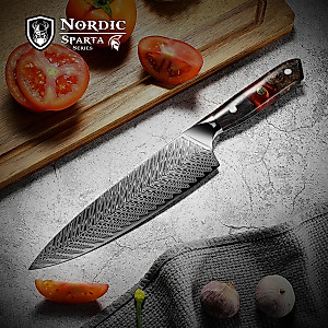 Nordic New Sparta Series Professional 8 inch Damascus Chef Knife, Japanese VG10 Super Steel, 67 Layers of Razor Sharp Damascus Steel, Resin and Maple Wood Handle and Leather Sheath