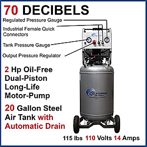 California Air Tools 20020AD Ultra Quiet & Oil-Free Air Compressor 2.0 Hp, 20.0 Gal. Steel Tank Air Compressor with Automatic Drain Valve