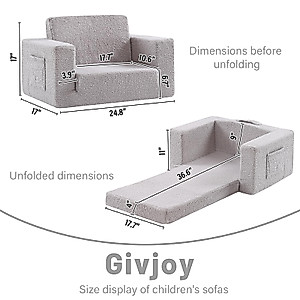 Givjoy Toddler Chair Sherpa Kids Couch, 2-in-1 Toddler Soft Kids Sofa Toddler Lounger Chair for Bedroom, Convertible Toddler Couch for Girls and Boys, Reading Chair for Kids, Grey