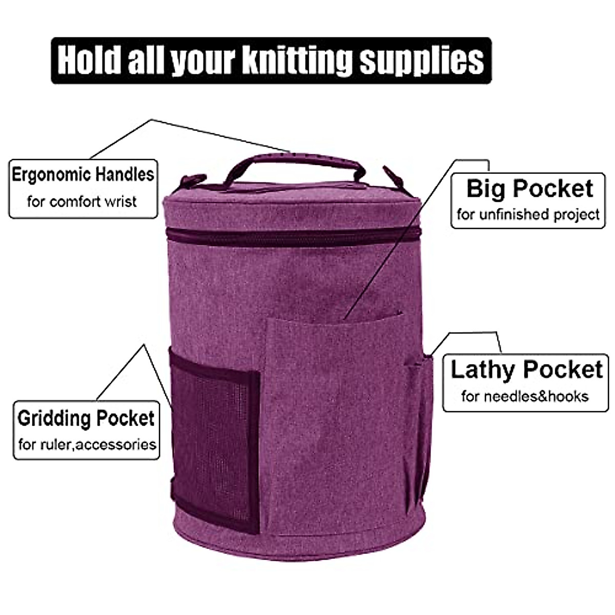 Weabetfu Large Capacity Portable Yarn Organizer Knitting Tote Storage Bag with Shoulder Strap Yarn Bags Have Pocket for Crochet Hooks,Knitting Needles & Accessories,Prevent Yarn Tangle(Purple)