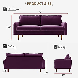 SILKIR Mid-Century Modern Small Spaces Comfy Velvet Living Room,Office,and Apartment,Loveseat Couch Sofas, 58 & 70 Inch, Eggplant