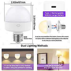 Rechargeable Light Bulbs with Remote,350LM Detachable E26 Battery Operated Light Bulb with Dimmable＆Timer＆15 Colors Selectable,Wireless Puck Emergency Lamp for Wall Sconce,Non-Hardwired,2-Pack