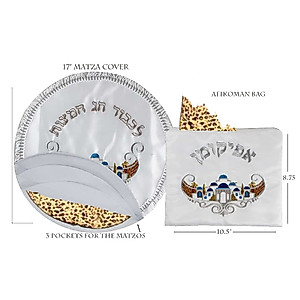 Passover Jerusalem Classics Seder Collection Complete Set Includes Seder Plate, Matzo Tray, Elijah Cup with Coaster, Kiddush Cup, Round Matzah Cover Afikoman Bag Pesach Dinnerware Set by Zion Judaica