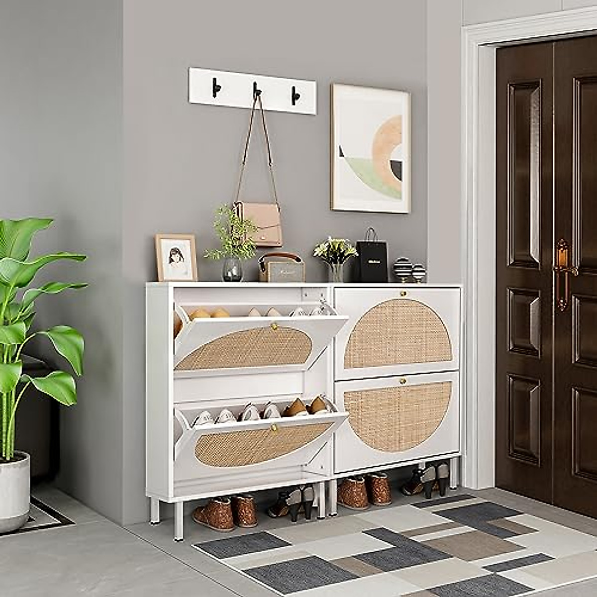 Goderfuu Rattan Shoe Cabinet with 2 Flip Drawers, Shoe Rack for Entryway Shoe Storage Cabinet, 2 Tier Small Shoe Cabinet Slim Shoe Storage Cabinet, White Shoe Cabinet for Heels, Boots, Slippers
