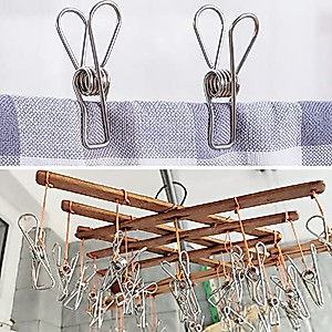 Clothespins Laundry Chip Clips - 100 Pack Bulk Durable Stainless Steel Clothes Pins,Heavy Duty Clamp Metal Wire Clothes Pegs with One Storage Bag & 2 Hooks,for Outdoor Clothesline Home Kitchen Office