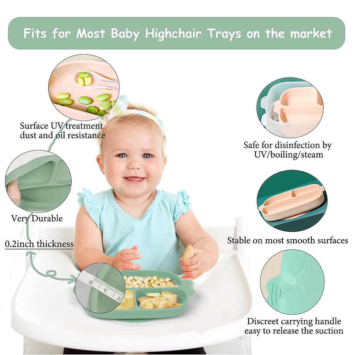 ACWIWIL Toddler Plates with Suction, 100% Food Grade Silicone Divided Plates, Baby Plates & Dishes, BPA Free, Microwave & Dishwasher Safe-Set of 1-Green