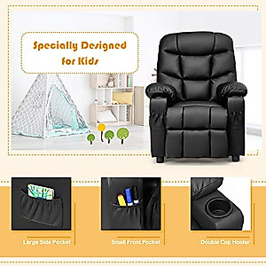 Costzon Kids Recliner Chair with Cup Holder, Adjustable Leather Lounge Chair w/Footrest & Side Pockets for Children Boys Girls Room, Ergonomic Toddler Furniture Sofa, Kids Recliner (Black)
