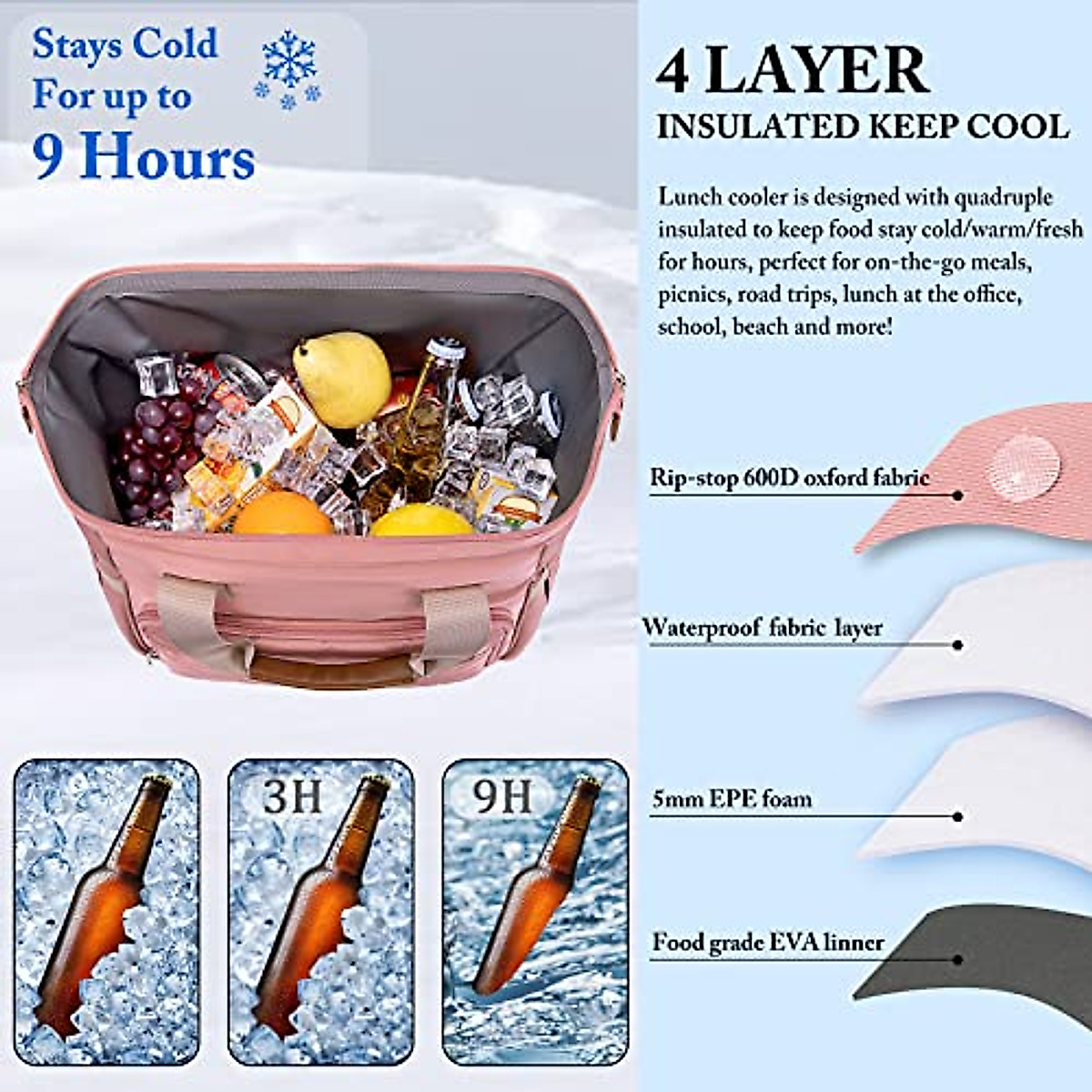 Womens Cooler Bag 22qt Collapsible Pink Soft Sided Car Cooler, 36 Can Lunch Cooler, Large Portable Leakproof Lunch Tote Bag Wine Cooler for School, Travel, Beach, Camping, Picnic, Fishing, Floating