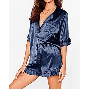 Women's Silk Satin Pajamas Set Ruffle Short Sleeve Sleepwear Button Down Two-Piece Pjs Shorts Set Loungewear Navy Blue