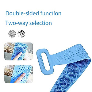 Silicone Bath Brush for Shower- Back Body Brush Scrubber, Shower Pull-tab Double-Sided Long Strip Silicone Bath Belt, Easy to Clean-Exfoliate, Blue