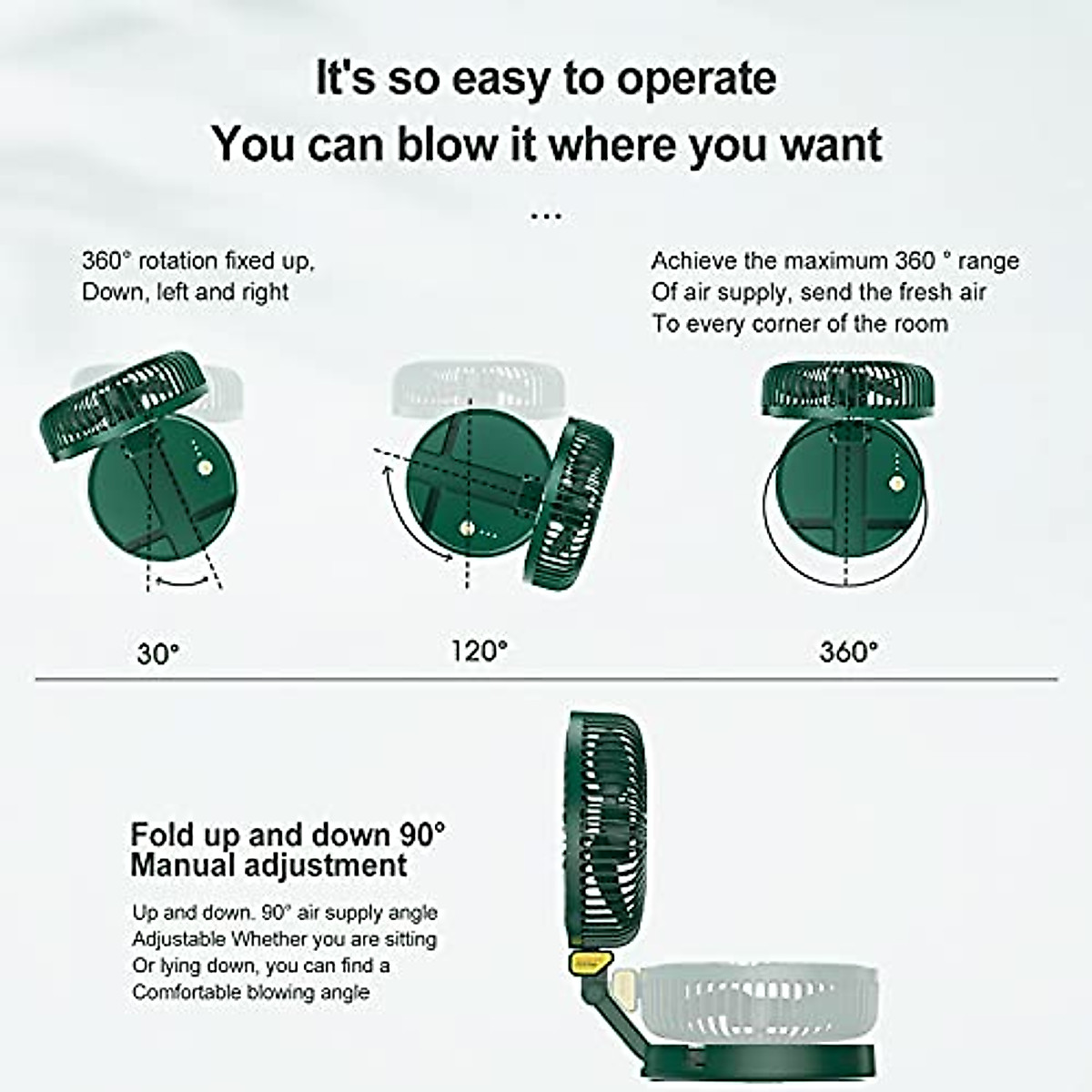 CALORPET Multifunctional folding wall-mounted charging fan, night light, personal fan cooler desktop fan,three-speed silent,5200mAh battery power supply, detachable battery,360° hook