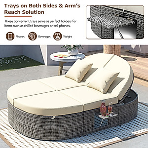 BAMOOLI Patio Daybed, Outdoor Sun Bed with Adjustable Backrests and Foldable Cup Trays, Reclining Outdoor Lounger Wicker Rattan Patio Daybed with Cushions and Pillows, Round Daybed for Garden, Beige