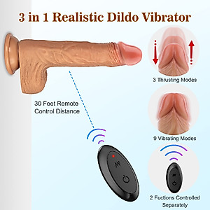 8.5 Inch Thrusting Realistic Dildo for Women with 3 Telescopic Speeds 9 Vibration Modes Independently Remote Control, Silicone Vibrator for G Spot Clitoral Anal Stimulation Huge Penis Adult Sex Toy