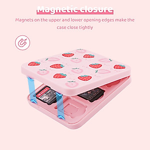 FUNDIARY Pink Strawberry Card Case for Nintendo Switch and Switch OLED Games, Cute Magnetic Card Cartridge for 12 Game Card and 12 SD Card, Hard Storage Case with 12 Game Card Slots