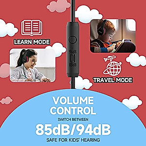 KLUGMIA Wired Kids Headphones, 85dB/94dB Volume Limited, Over Ear Headphones for Kids with in-line HD Mic, Audio Sharing, Foldable Kids Headphones Wired (Black red)