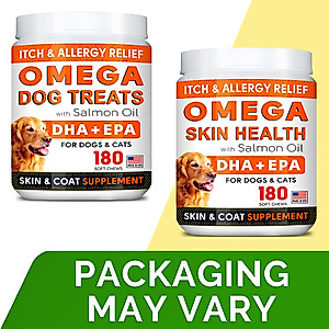STRELLALAB Omega 3 for Dogs - (360Ct) Fish Oil Treats - Allergy & Itch Relief Skin&Coat Supplement - Dry Itchy Skin, Shedding, Hot Spots Treatment, Anti Itch - Pet Salmon Oil Chews - Chicken Flavor