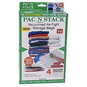 PAC 'N STACK, Handheld Vacuum Sealing Storage with Bags, Easy to Use, Reusable, Waterproof, Cordless, Compact, and Portable, Ideal for Travel, Reduces Volume (32 Pack Bags)