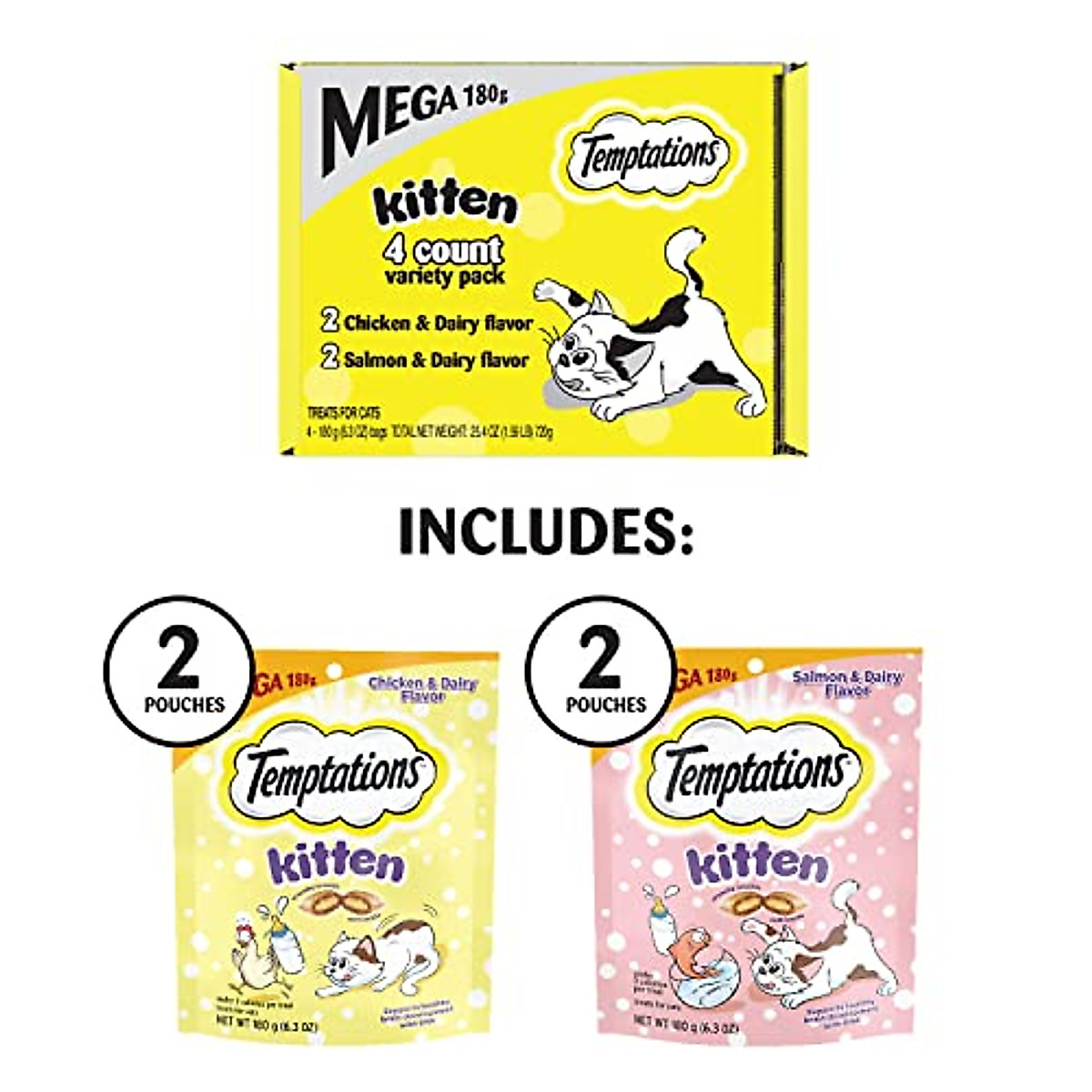 Temptations Kitten Treats, Chicken & Dairy and Salmon & Dairy, Crunchy and Soft Treat, 4-Pack Multipack (6.3 Ounce Per Pack)