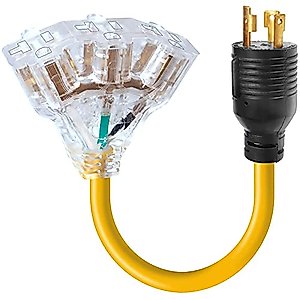 EXCELFU 30 Amp to 110 Adapter Generator Power Cord, 3 Prong 30 Amp to 15 Amp Generator Adapter, Nema L5-30P Male to 3X 5-20R Female with Lighted End, 1.5 FT