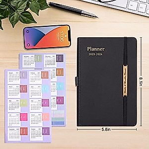 HONFERSM Planner 2023-2024 Academic Year 18 Months Daily Weekly and Monthly Planners Agenda Calendar Notebook with 18 Monthly Tabs,Elastic Closure and Back Pocket,Hardcover,A5 Size - Black