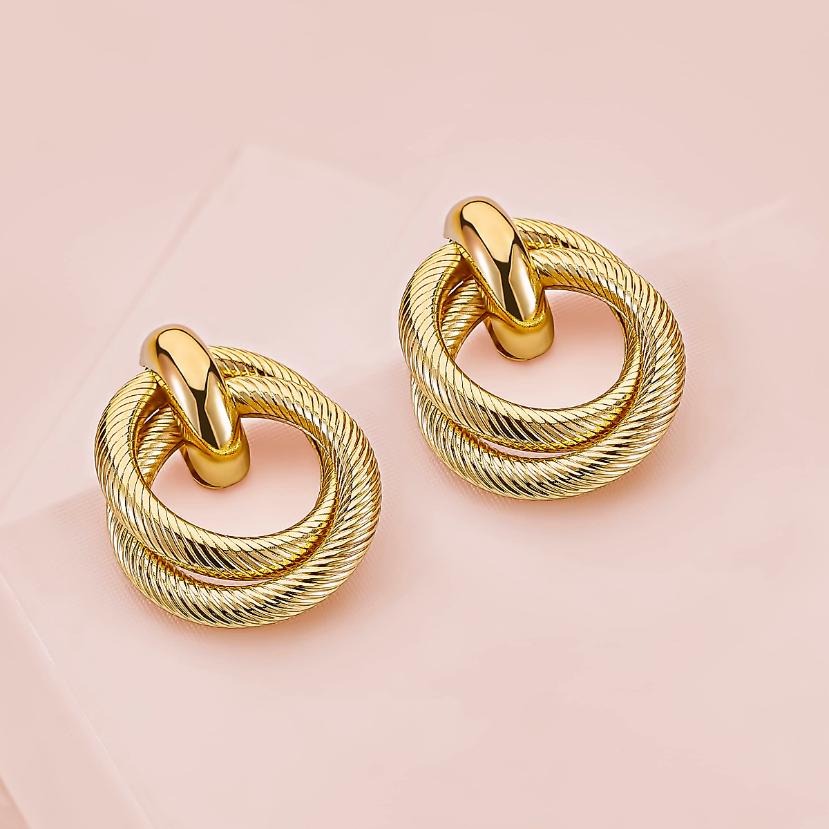 Pera Jewelry 14K Gold Plated Dangle Earrings, Twist Double Hoop Dangle Earrings, Geometric Circle Dangle Earrings for Women with Gift Box | Minimalist, Tiny Dainty Dangle Earrings