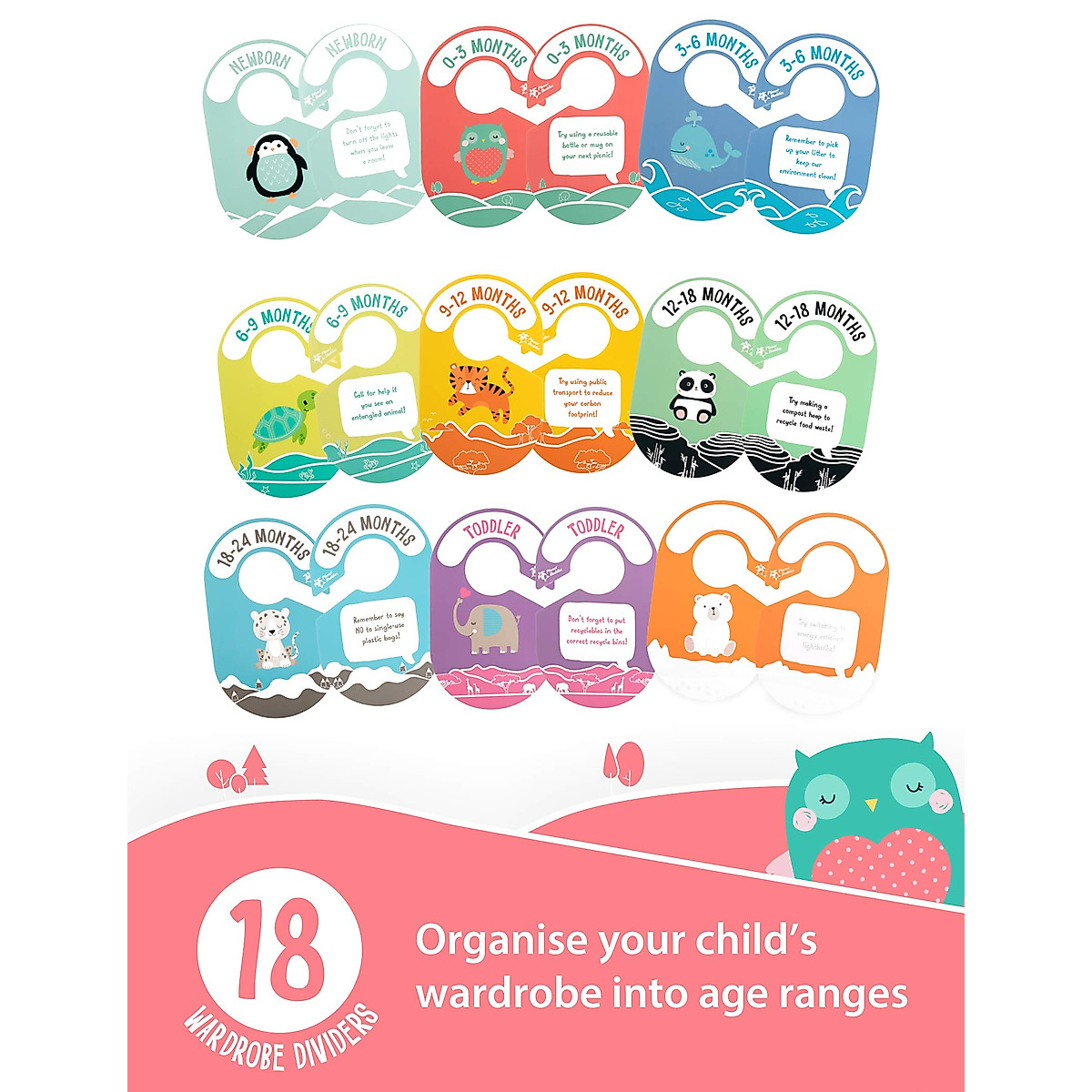 Planet Buddies Wardrobe Organiser, 18 Pack Closet Dividers for Kids, Newborn-Toddler Clothes Organiser, Cute Design Wardrobe Rail Dividers, Blanks for Personalised Option, Eco Friendly, Plastic Free