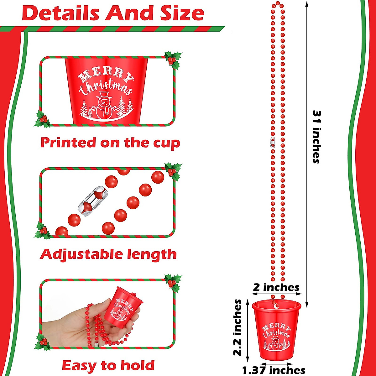 12 Pieces Christmas Shot Glass on Beaded Necklace Xmas Plastic Shot Glasses Shot Glass Necklaces Snowman Snowflake Santa Gingerbread Man Shot Necklace Cups for Christmas Party Supplies, 6 Styles