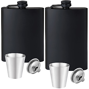 GADIEDIE 12oz+8oz Flask for Liquor for Men Matte Black Stainless Steel Leakproof Funnel and Cups, with Never-Lose Metal Cap, Drinking Flasks for Wedding Party Gift Outdoor Activities