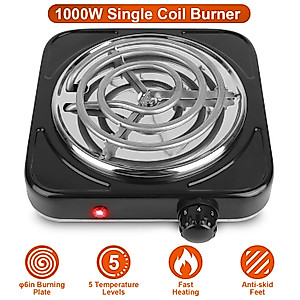 KOCASO Countertop Single Burner Electric Stove, 1000W Portable Coil Heating Hot Plate RV Hot Plate with Non Slip Rubber Feet w/ 35in Plug Cord, Black