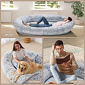 Homguava Large Human Dog Bed 75.5"x55"x12" Human-Sized Big Dog Bed for Adults&Pets Giant Beanbag Bed with Washable Fur Cover,Blanket and Strap, Grey Plush