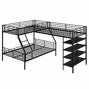 Cotoala L-Shaped Metal Twin Over Full Bunk Bed and Twin Size Loft Bed with 4 Shelves, Steel Bedroom Bedframe for Bedroom, Dorm, Adults, No Spring Box Required