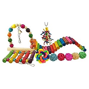Set of 10 Colorful Pet Toy Wooded Swing Handmade Rattan Chewing Toy Chasing Toy with Bell Rainbow Plank Road for Polly Parrot Bird Hamster Squirrel Toy