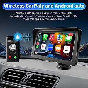 Portable Wireless Apple Carplay and Android Auto Car Radio Stereo, 7 inches IPS Touchscreen Multimedia Player & Bluetooth 5.0 Audio Hands Free Calling, Mirror Link/GPS/Siri