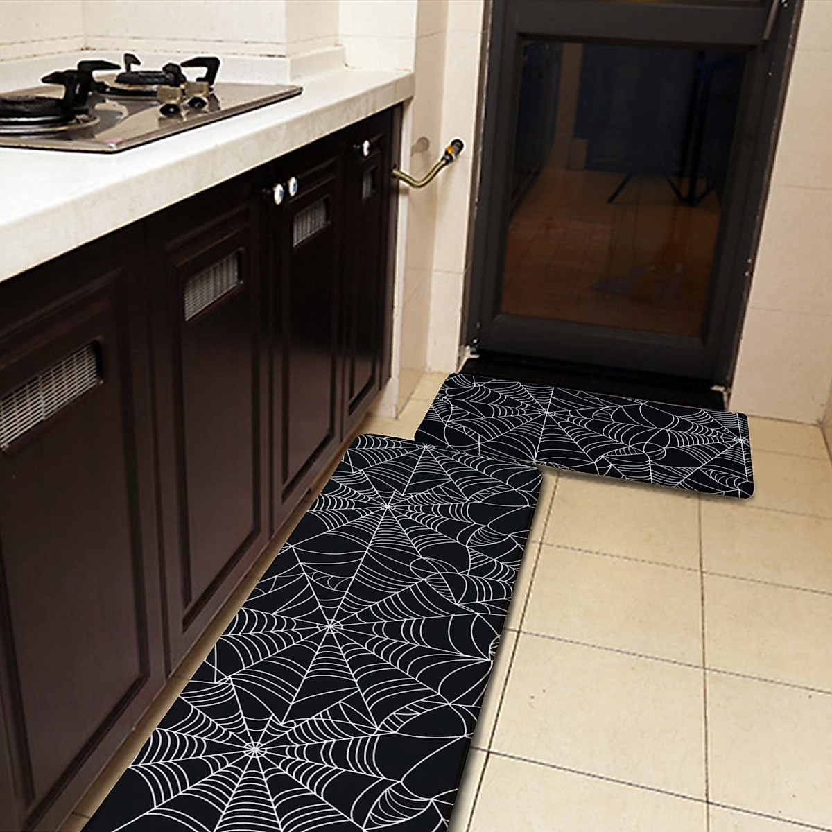 YouTary Halloween Spider Black and White Spiderweb Pattern Kitchen Rug Set 2 PCS Floor Mats Washable Non-Slip Soft Flannel Runner Rug Doormat Carpet for Kitchen Bathroom Laundry