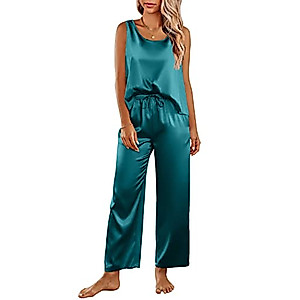 Ekouaer Womens Satin Pajamas Set Back Split Top and Long Pant Silk Pj Set Tank Sleepwear S-XXL Green