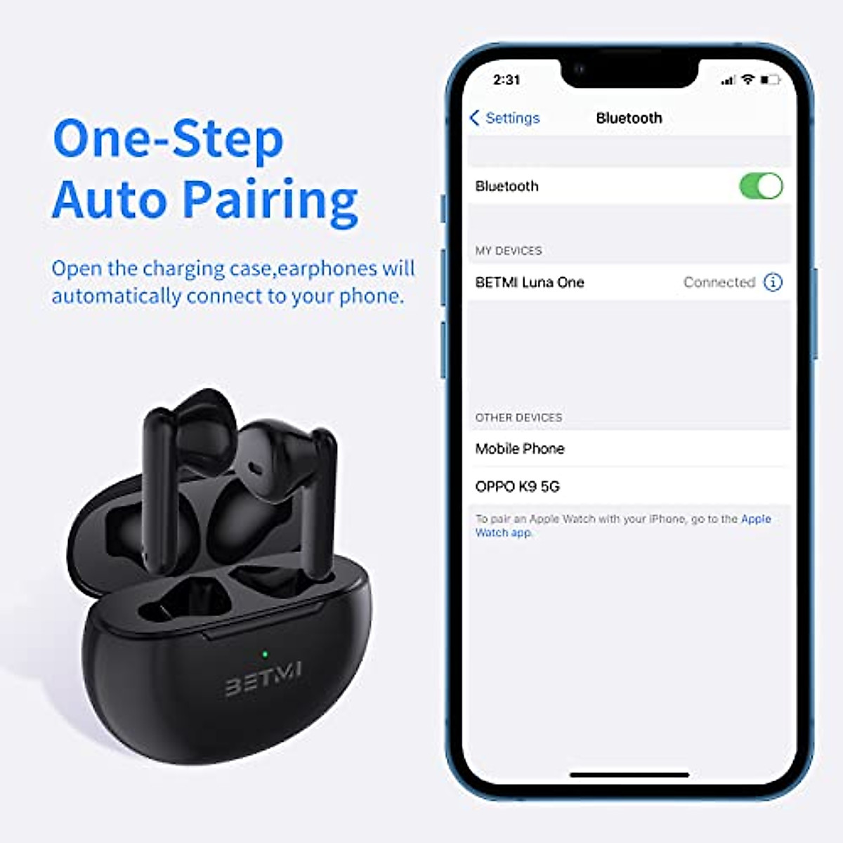 BETMI - True Wireless Earbuds - in-Ear Bluetooth5.1 Headphones - 40H Playtime, IPX5 Waterproof TWS with Dual Mic for Sport, Light-Weight Earphones for Android iOS/iPhone - Black