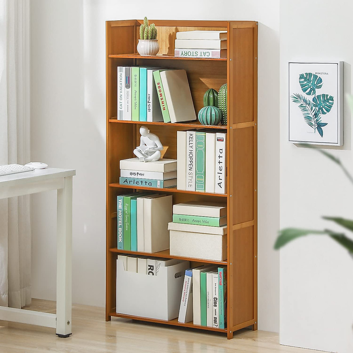 MoNiBloom 5 Tier Open Shelf, Bamboo Multifunctional Bookcase Storage Cabinet Display Shelves Organizer for Living Room Bedroom Study Room, Brown