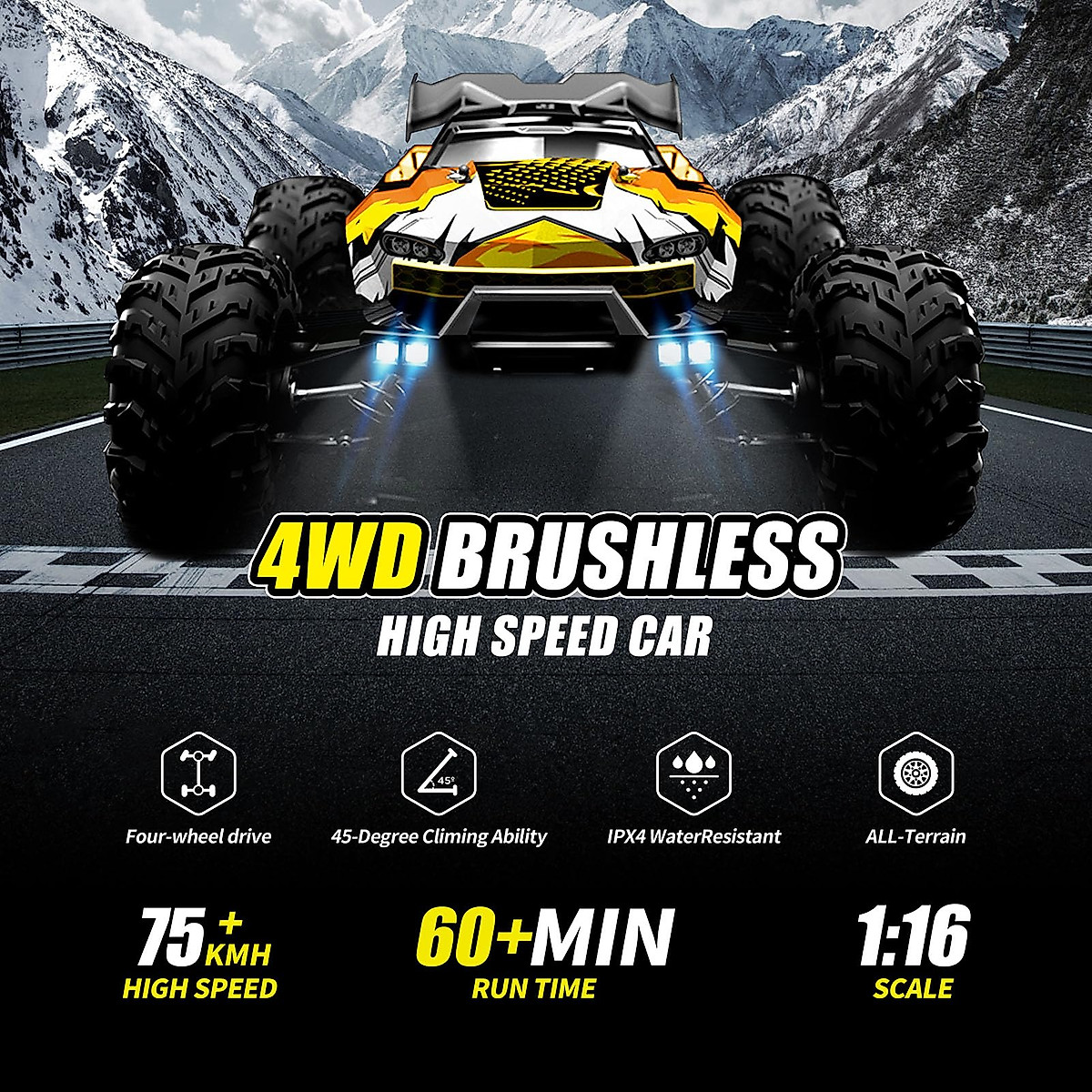 Mukola Brushless RC Cars for Adults Boys, Max 75 KPH Fast RC Truck, 4WD All Terrain Remote Control Car with 60 Min Runtime, 1:16 Offroad RC Monster Truck with Metal Parts & 3 Batteries