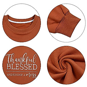 KIMSOONG Oversized Thanksgiving Sweatshirts for Women Thankful Blessed and Kind Of a Mess Sweatshirt Thanksgiving Shirt Brown