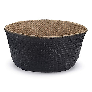 Seagrass Plant Basket with Handles Natural Woven Storage Baskets (Black 9 inch D x 11 inch H)