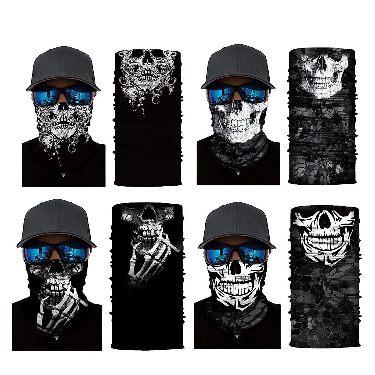 WYSUMMER 8PCS Scarves Bandanas Skull Face Tube Black Headband, Motorcycle Multi Function Headwear Hat Scarf Ski Mask (Skull 3)