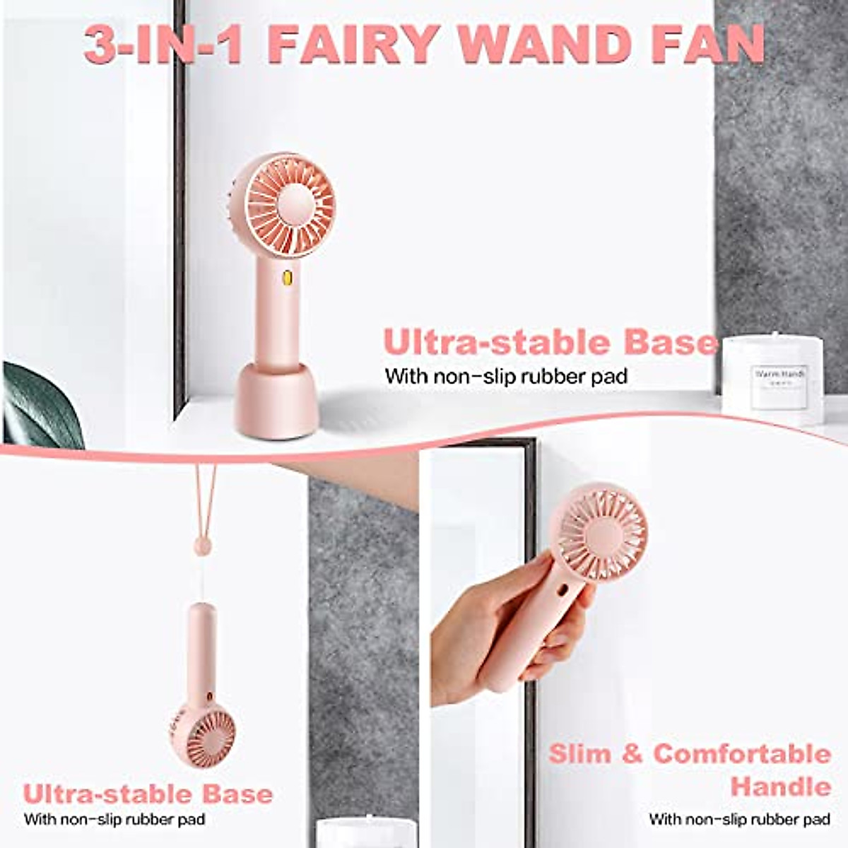 Mini Handheld Fan, Mini Portable Fan with 3 Speeds, USB Charging Personal Small Desk Fan with Base Ladies Mini Makeup Fan，Mini Fan Battery Operate for Girl Women Men Outdoor, Indoor,Travel (pink)
