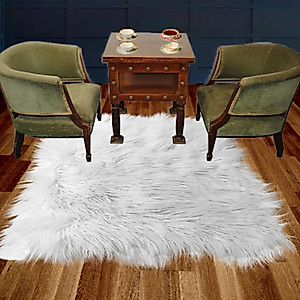 Fur Accents Luxury, Icelandic Sheepskin, Faux Fur Rectangle Area Rug - Natural Look and Feel - Long Hair Shag - Pelt Rug - Designer Art Rugs Handmade to Order USA (5'x6', White)