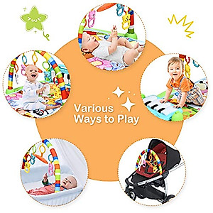 BABY JOY Baby Play Mat, Kick and Play Gym with Detachable Piano, Foot Gym Carpet Piano Fitness Rack, 4 Rattle Pendants and 1 Mirror, Ideal for Baby Room (Rainbow)