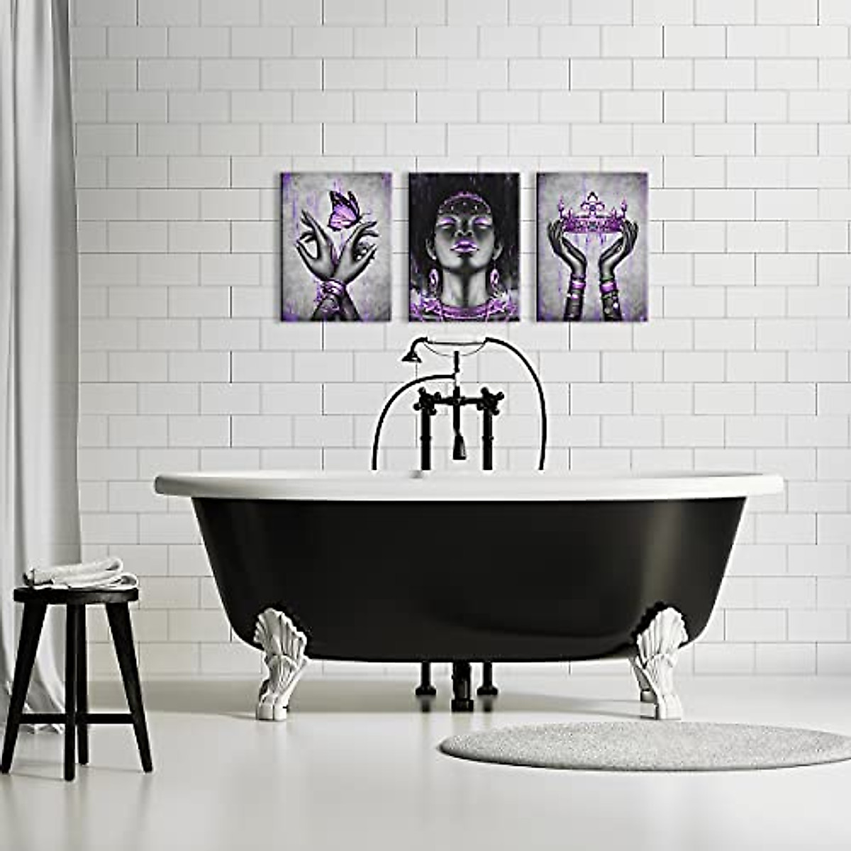 Kalormore Fashion African American Woman Painting Giclee Canvas Prints Elegant Black Girl with Purple Accessories Picture Poster Gallery Wrapped Artwork for Bedroom Makeup Room Decoration