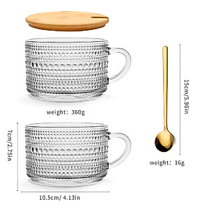 Today's Present 4pcs Vintage Glass Coffee Mugs Gifts for Women, Overnight Oats Containers With Bamboo Lids and Spoons, 14oz Clear Embossed Drinking Glass Cups, Tea Cups, Iced Coffee Glasses